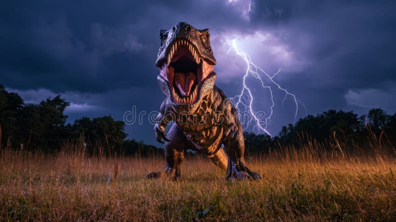 A Massive Dinosaur Roars Under a Dramatic Lightning Storm. Nature Meets ...