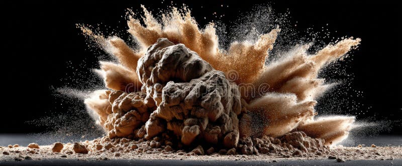 A Massive Dirt Pile Explosively Erupts Against a Dark Background Stock ...