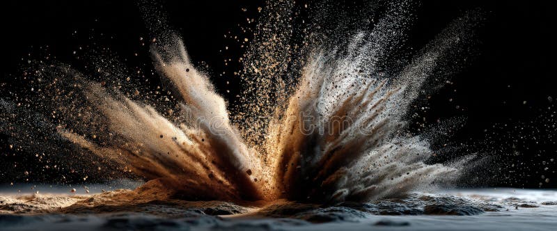 A Massive Dirt Pile Explosively Erupts Against a Dark Background Stock ...