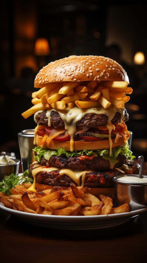 Massive Double Burger with a Fries Stack and Sauce Selection in a Cozy ...