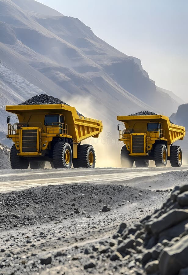 Massive Dump Trucks Hauling Ore in an Open-pit Mine. Illustrates the ...