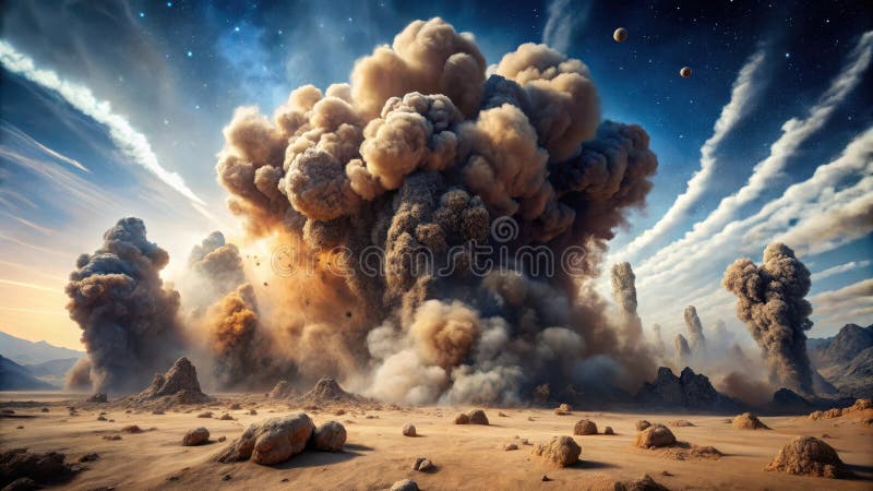 Massive Dust Cloud Eruption in a Desolate, Rocky Landscape Under a ...
