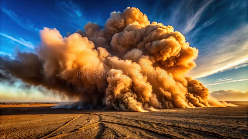 Massive Dust Cloud Rises Over Flat Terrain at Sunset. Generative AI ...