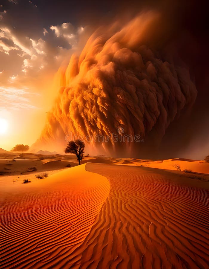 A Massive Dust Storm Engulfing a Desert Landscape with Distant Figures ...