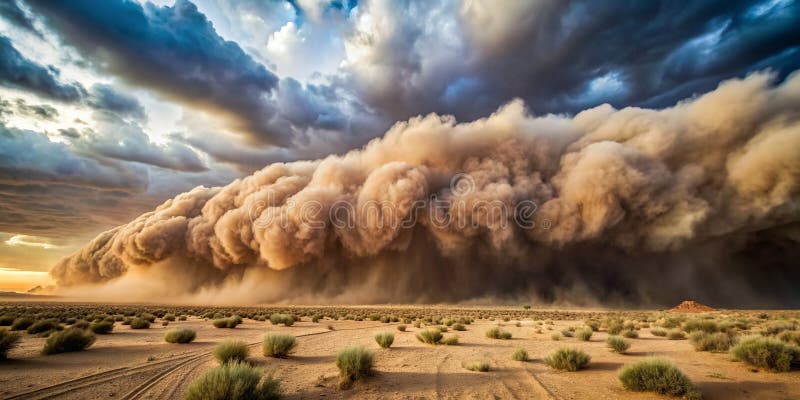 A Massive Dust Storm Rolls in Over a Barren Desert Landscape Casting a ...