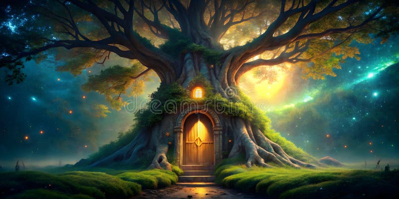 Massive Enchanted Tree with Glowing Door at Base Stock Illustration ...