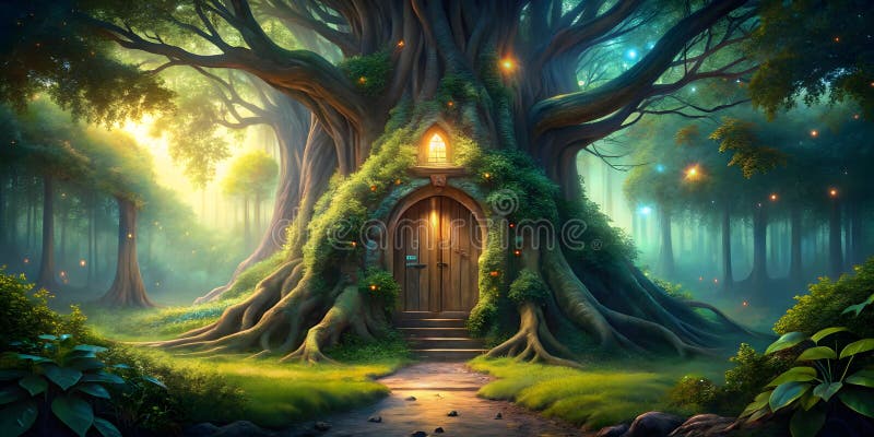 Massive Enchanted Tree with Glowing Door at Base Stock Illustration ...