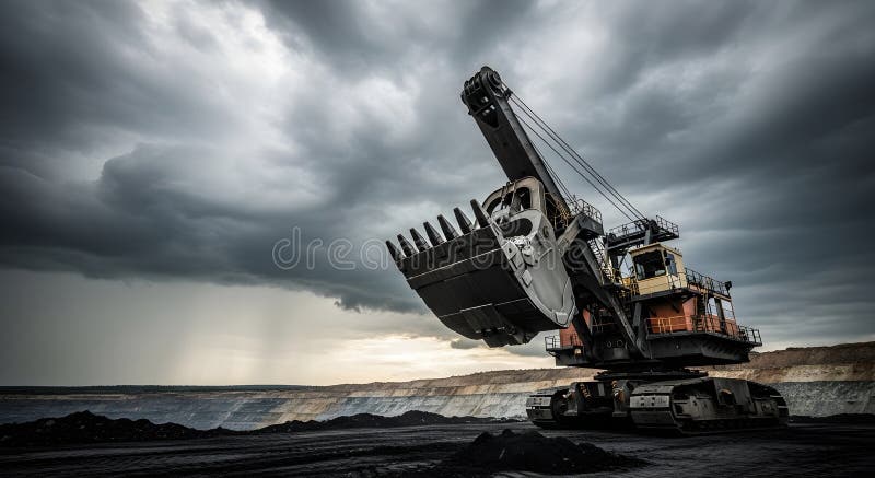 Massive Excavator in Open-Pit Coal Mine Under Dramatic Stormy Sky Stock Illustration ...