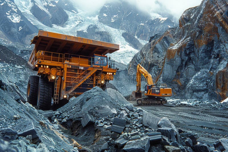 Massive Excavator Loading Rock Formation into Heavy Mining Dump Truck ...