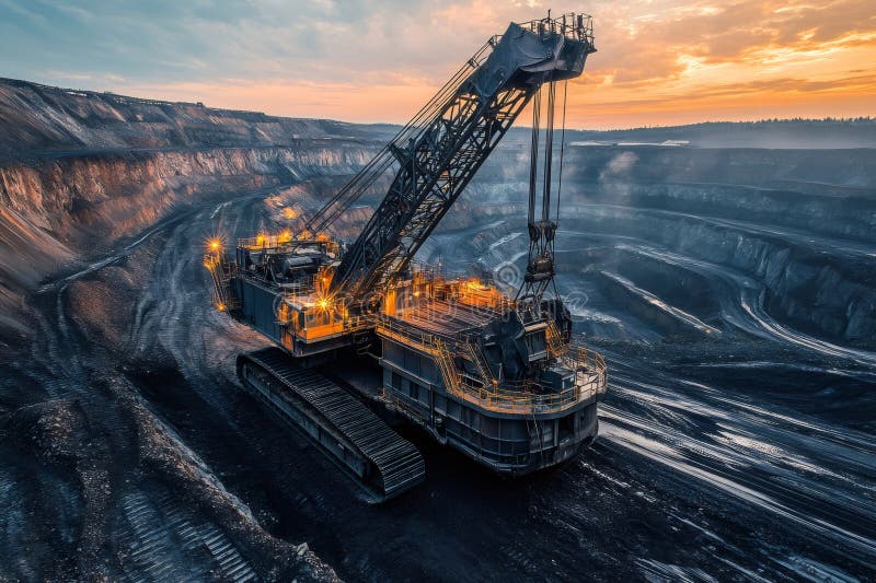Massive Excavator Operating in Open Pit Mine at Sunset Stock ...