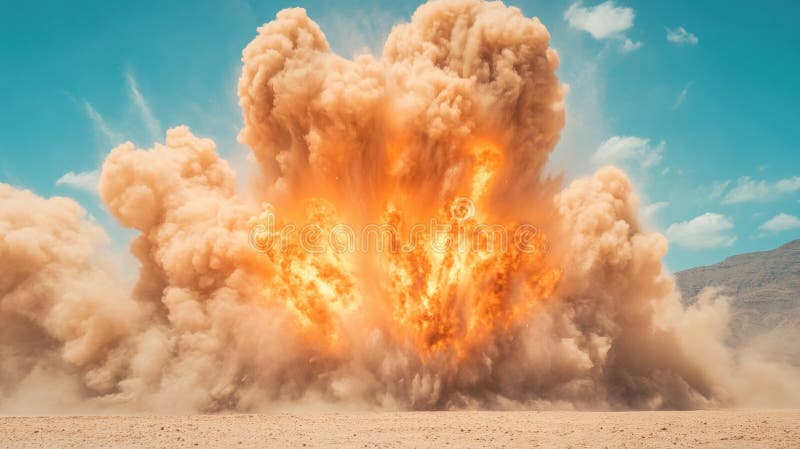 Massive Explosion in Arid Desert Landscape Under Clear Blue Sky with ...