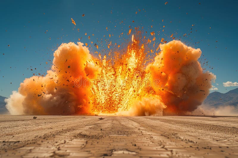 Powerful Explosion in Desert Landscape: Fiery Blast and Debris Cloud ...
