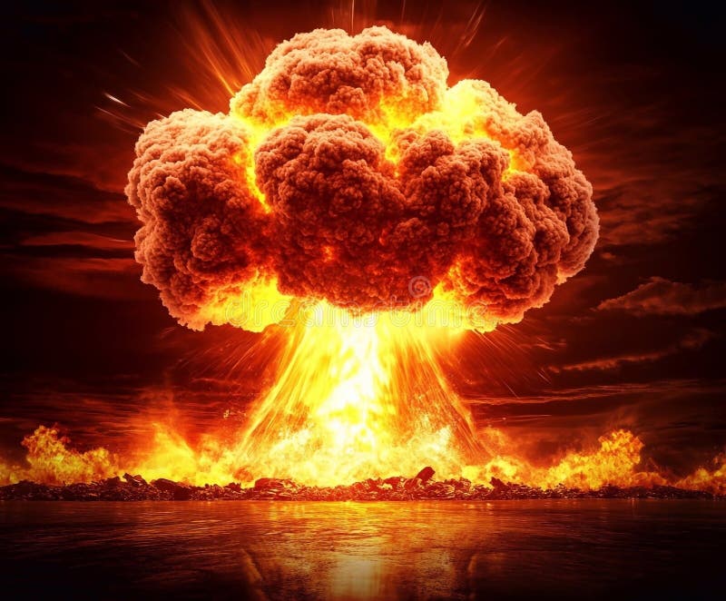 Fiery Nuclear Explosion Mushroom Cloud with Intense Reflection Stock ...