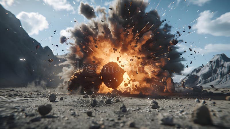 Massive Explosion 3D Render: Debris and Fire Stock Illustration ...