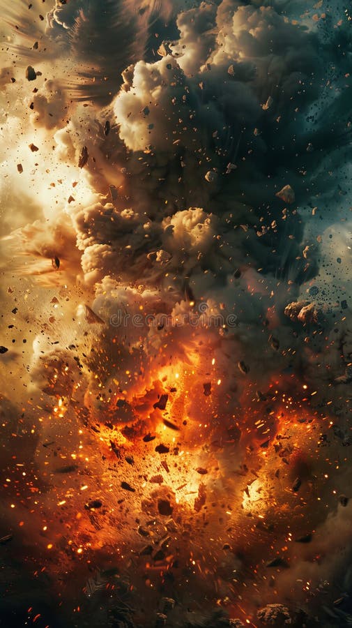 Massive Explosion with Debris and Fire, Mid-blast Impact. Dramatic ...