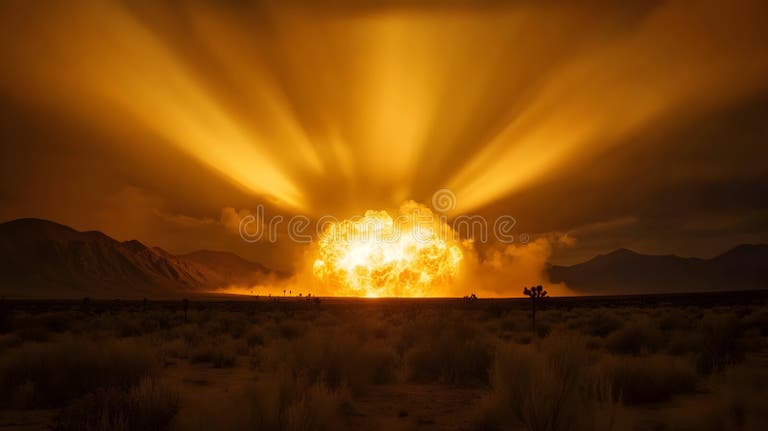 Massive Explosion in Desert with Intense Yellow and Orange Light Stock ...