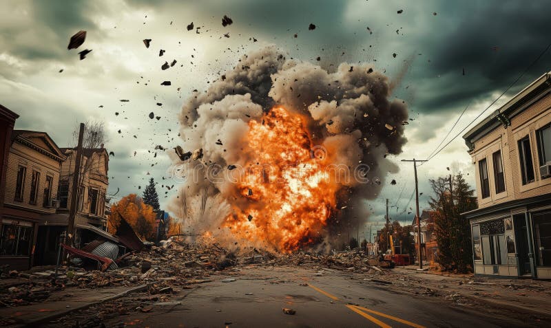 Massive Explosion Devastates Urban Street Scene with Debris and Smoke ...