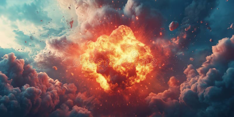 Massive Explosion in Dramatic Sky with Fiery Clouds and Debris ...