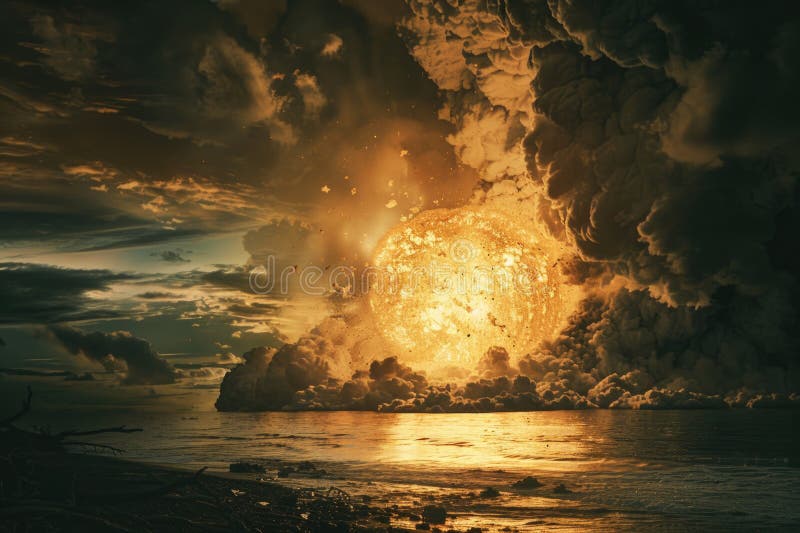 A Massive Explosion Erupts Over the Surface of a Body of Water Stock ...