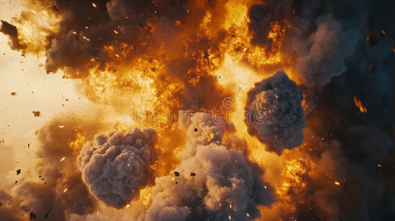 Massive Explosion with Fiery Clouds and Debris, Intense Orange and ...