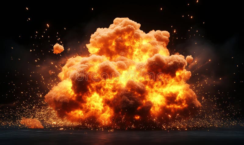 Massive Explosion with Fiery Clouds and Sparks in Dark Background Stock ...