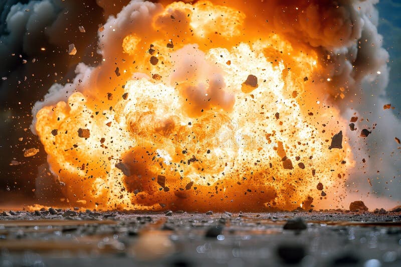 Massive Explosion with Fiery Impact and Scattered Debris Stock Image ...