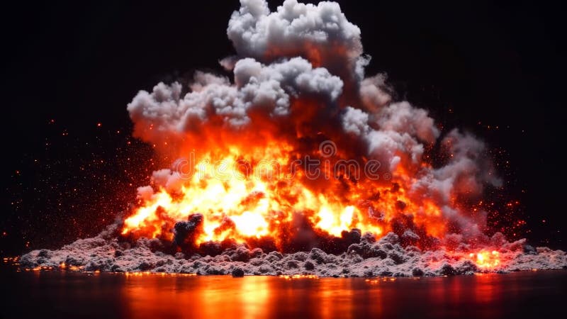 Massive Explosion with Fire and Smoke on Black Background, Dramatic ...