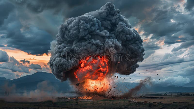 Massive Explosion with Fire and Smoke in Open Field at Sunset, Dramatic ...