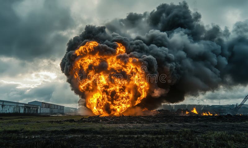 Massive Explosion with Fireball and Smoke Cloud, Dramatic Scene of ...