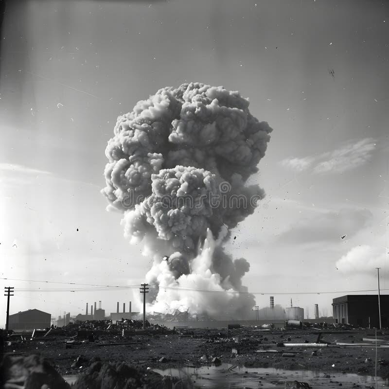 Industrial Explosion with Large Smoke Cloud in Black and White Stock ...