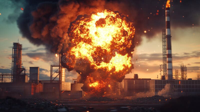 Massive Explosion at an Industrial Factory with Fire and Smoke Rising ...