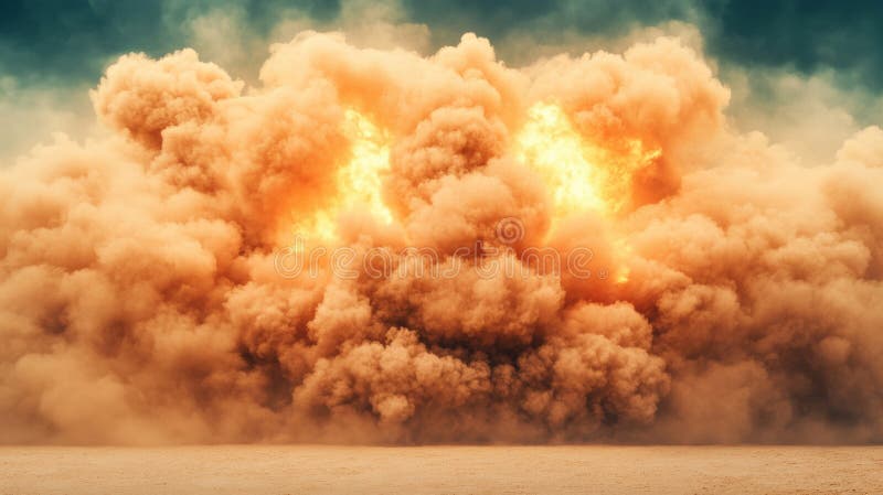 Massive Explosion with Intense Flames and Smoke in Desert Landscape ...