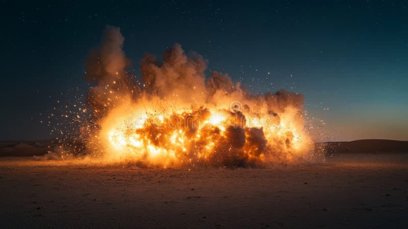 Massive Explosion in a Desert Landscape at Dusk Stock Photo - Image of ...