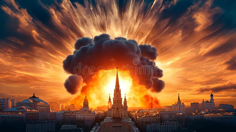 Explosion Erupts Above City Skyline with Dramatic Clouds and Fiery ...