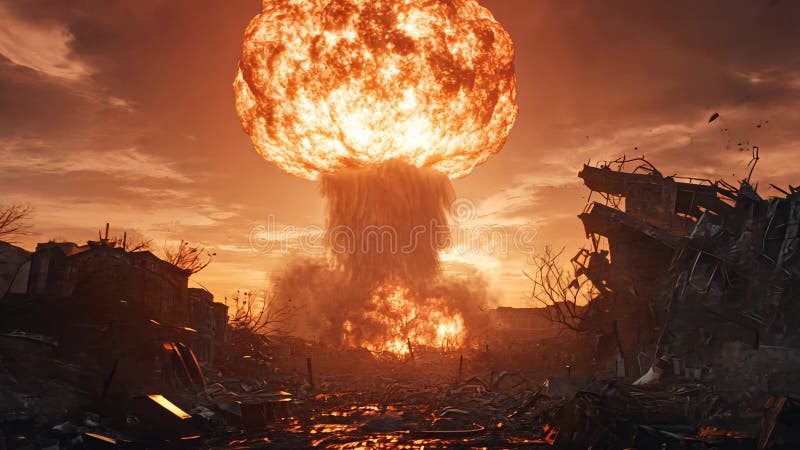 Massive Explosion with Mushroom Cloud Over Devastated City at Sunset ...