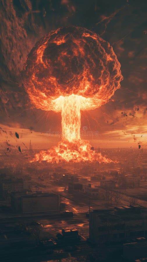 Massive Explosion with Mushroom Cloud Over an Urban Ruin Stock Photo ...