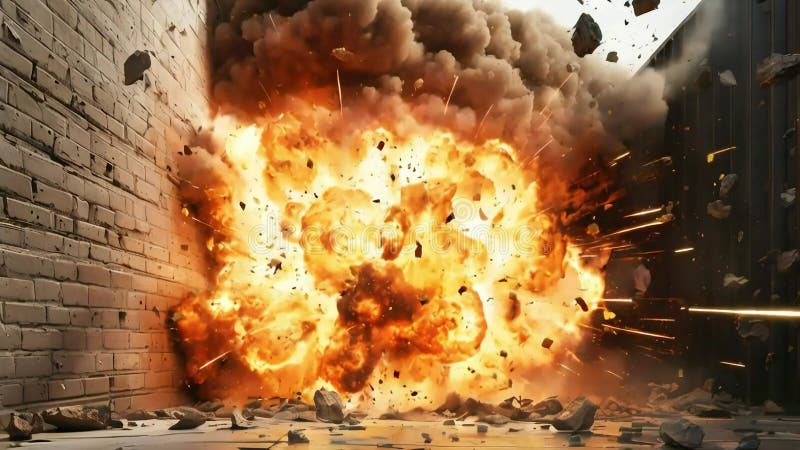 Massive Explosion Near Brick Wall Causing Destruction and Debris Stock ...