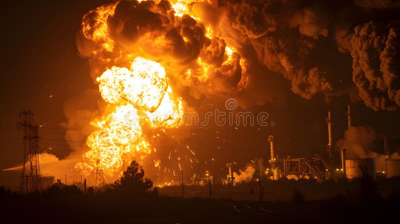 Massive Explosion at Night in Industry Setting, Causing Fire Stock ...