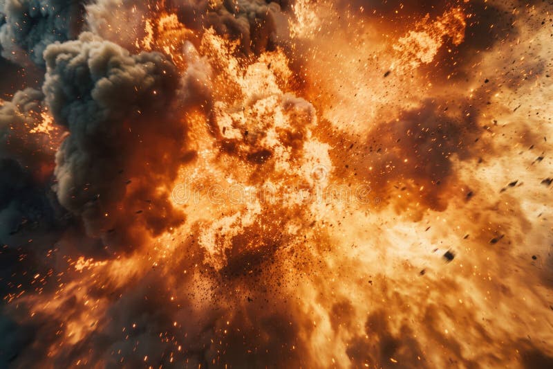 A Massive Explosion of Orange and Black Smoke Fills the Air Stock Photo ...