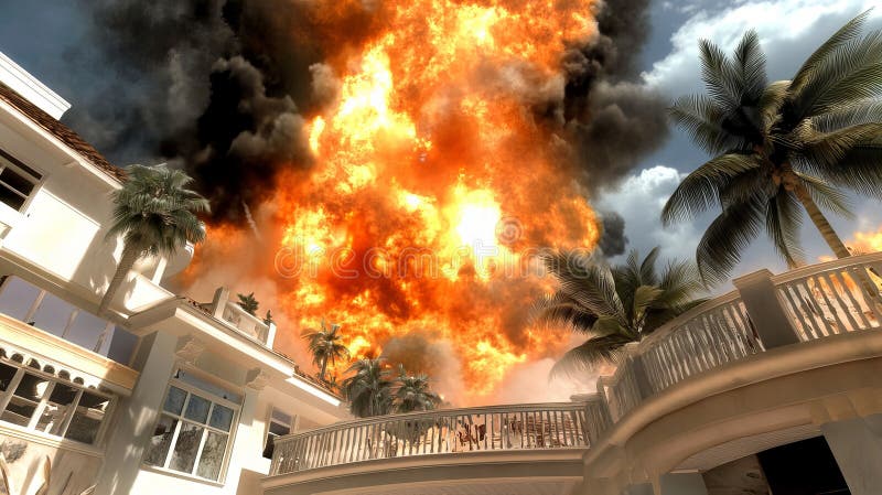 Massive Explosion Over Luxury Mansion with Palm Trees and Intense ...