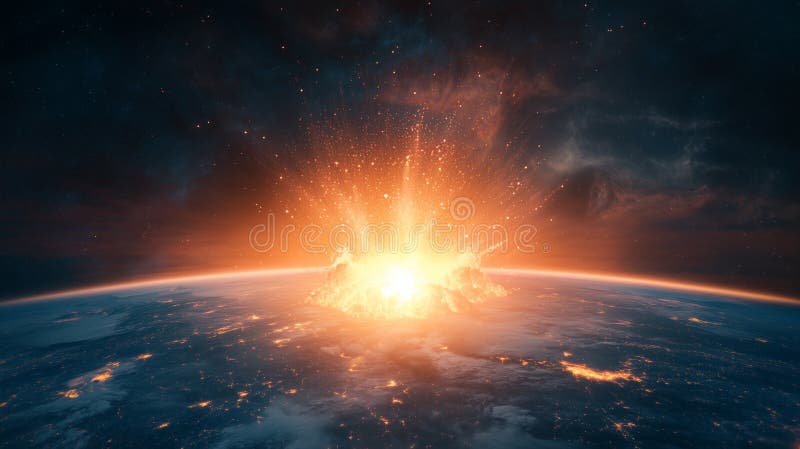 Explosive Cosmic Event Over Earth with Fiery Eruption and Dramatic Sky ...