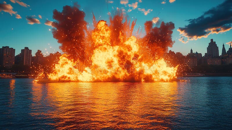 Massive Explosion on River, City Skyline Background Stock Illustration ...