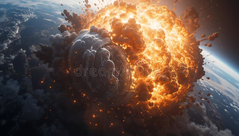 Massive Explosion of a Spaceship Colliding with Earth Stock ...