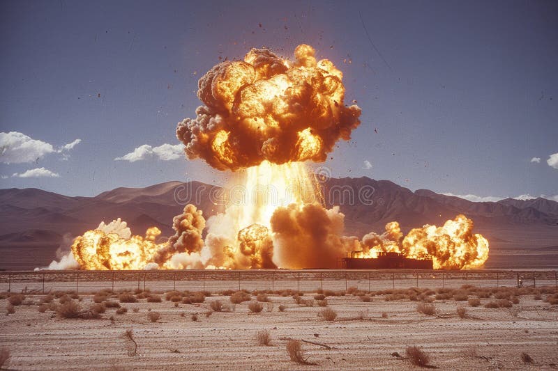 Massive Explosion in Desert Landscape: Fiery Blast and Smoke Plume ...