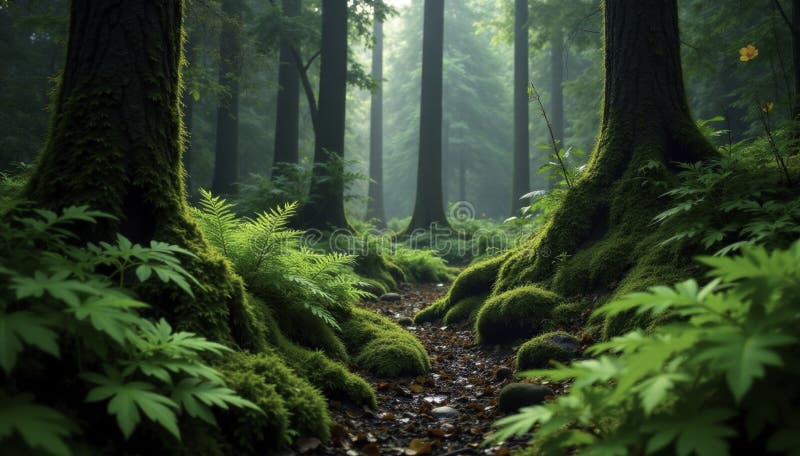 Massive Ferns and Moss Covering the Forest Floor, Damp Environment ...