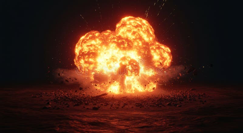 Massive Fiery Explosion with Debris on Dark Background Stock Photo ...