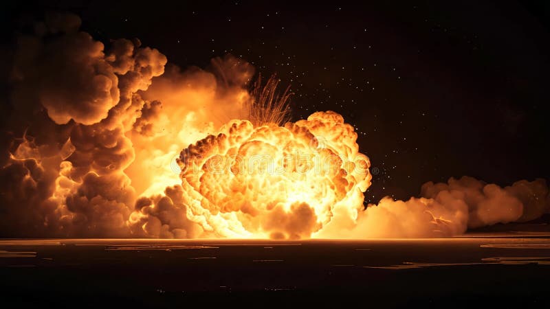 Massive Fiery Explosion at Night, Dramatic Illumination. Power and ...