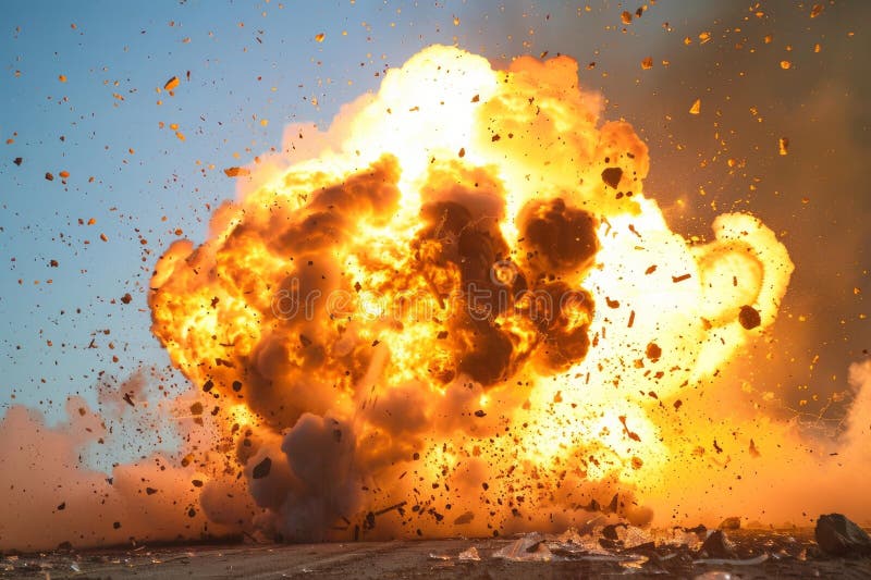 Fiery Explosion with Debris Captured at Dusk Stock Image - Image of ...