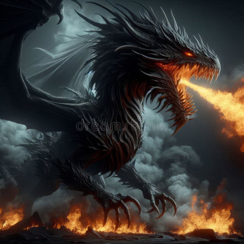 Ferocious Dragon Breathing Fire Over Flames Stock Illustration ...