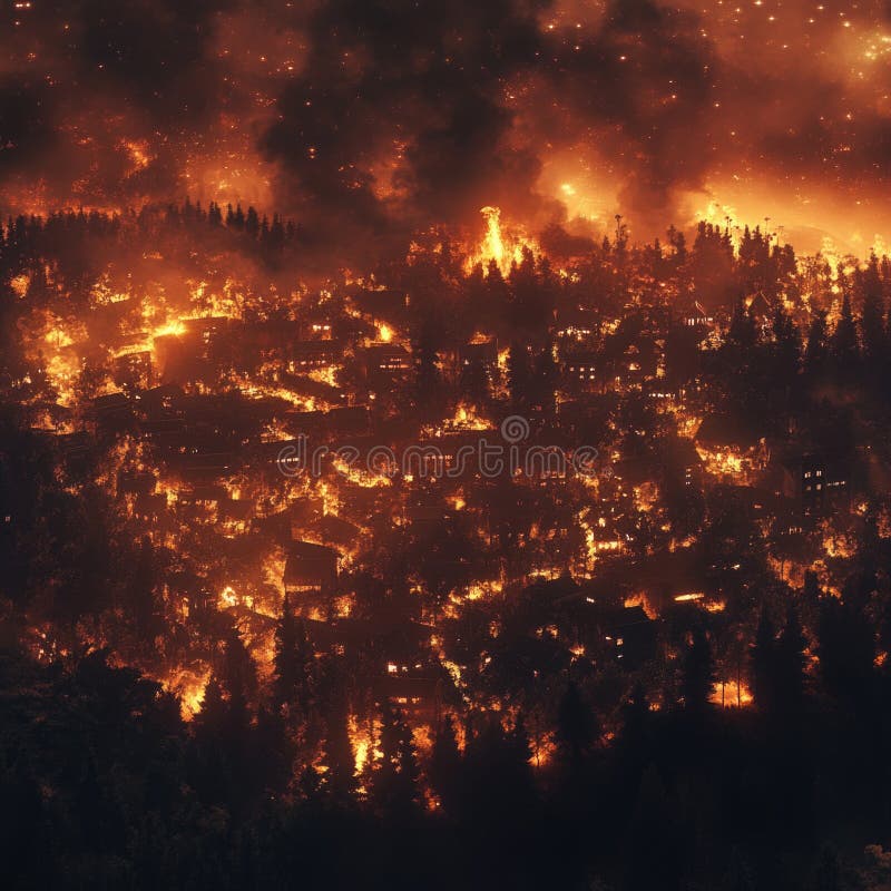 A Massive Fire Burns Brightly in the Night Sky, Illuminating the ...